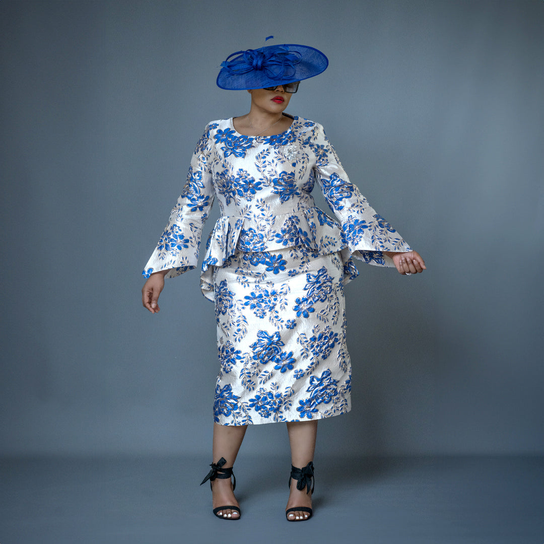 Elegant Champagne & Blue Brocade Dress for Weddings – Cerrura Fashions