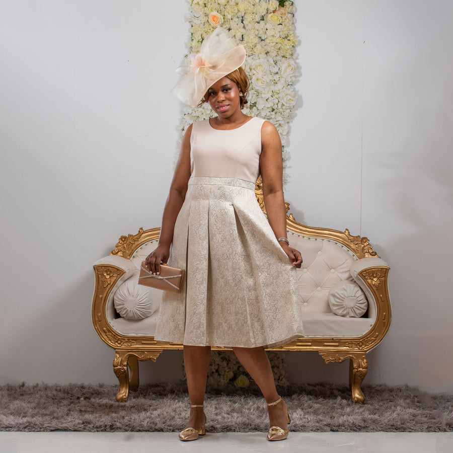 Stunning Gold Pleated Midi Dress and Jacket Set for Weddings – Cerrura ...